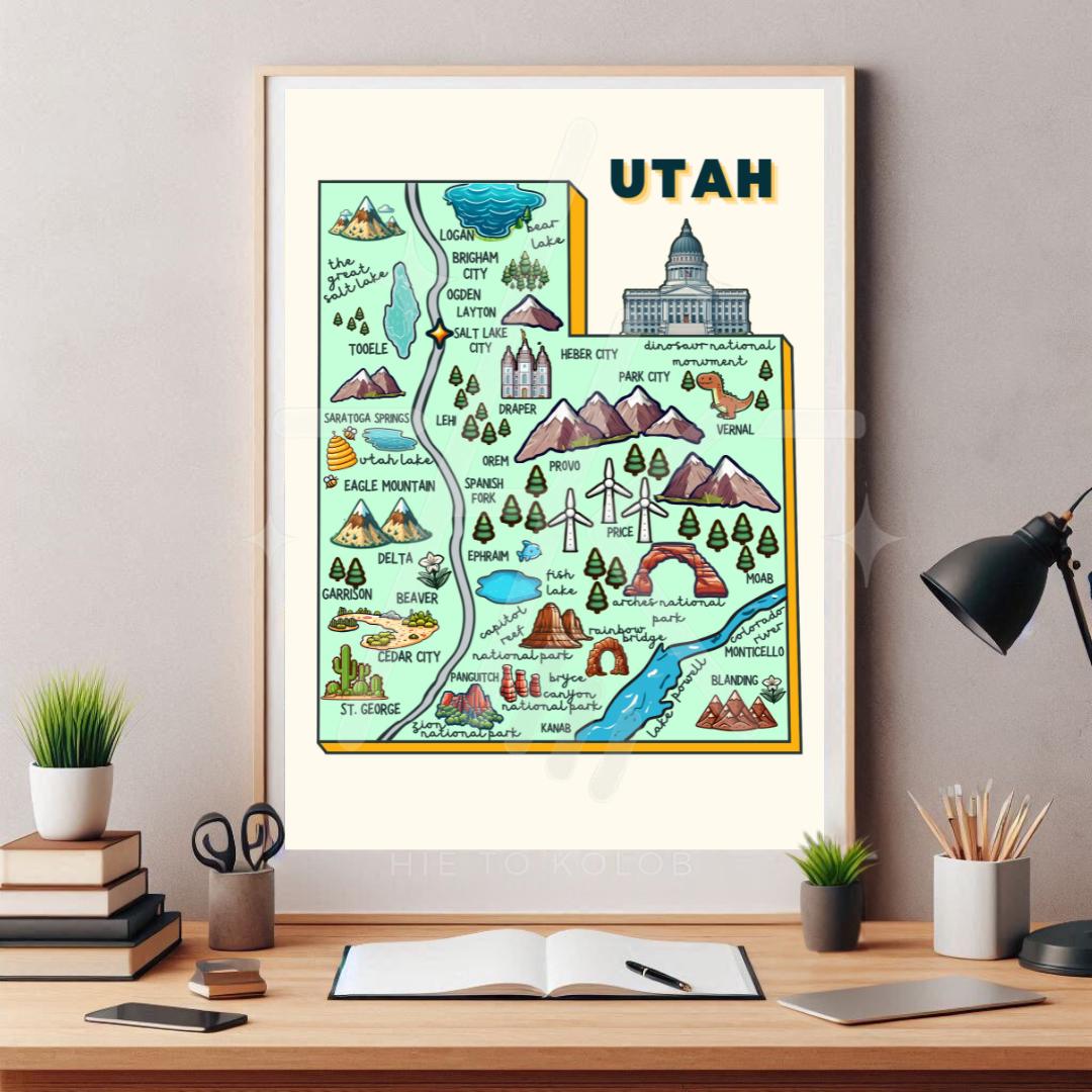 Utah State Map Cartoon Map of Utah, Utah Map Digital Print, Utah ...