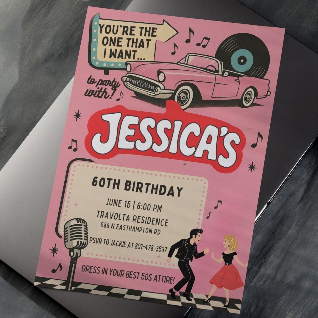 Grease Birthday Invitation | Retro Rock and Roll Party Invite, Grease ...