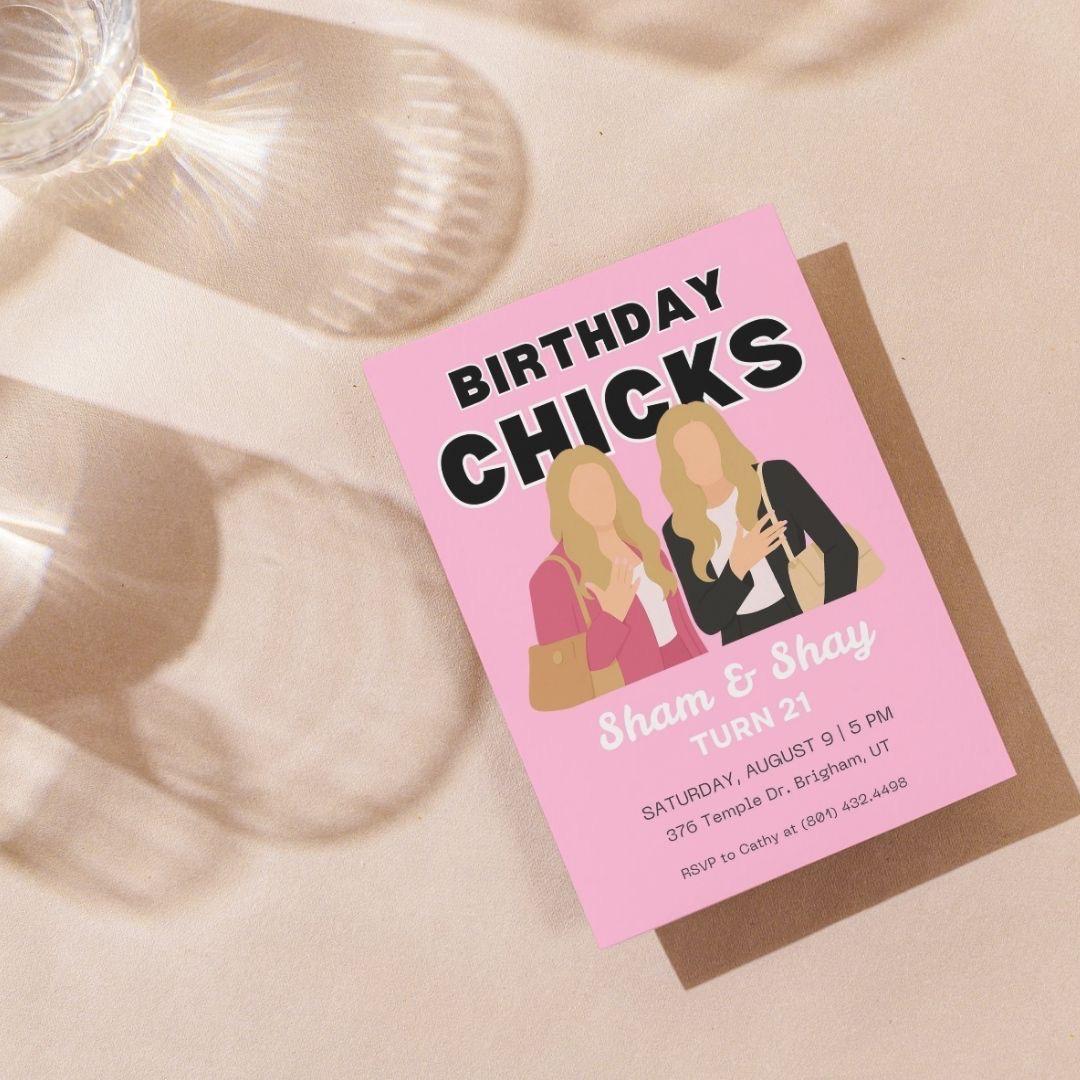 White Chicks Birthday Invite | Birthday Invite for Twins, Glam Pink ...