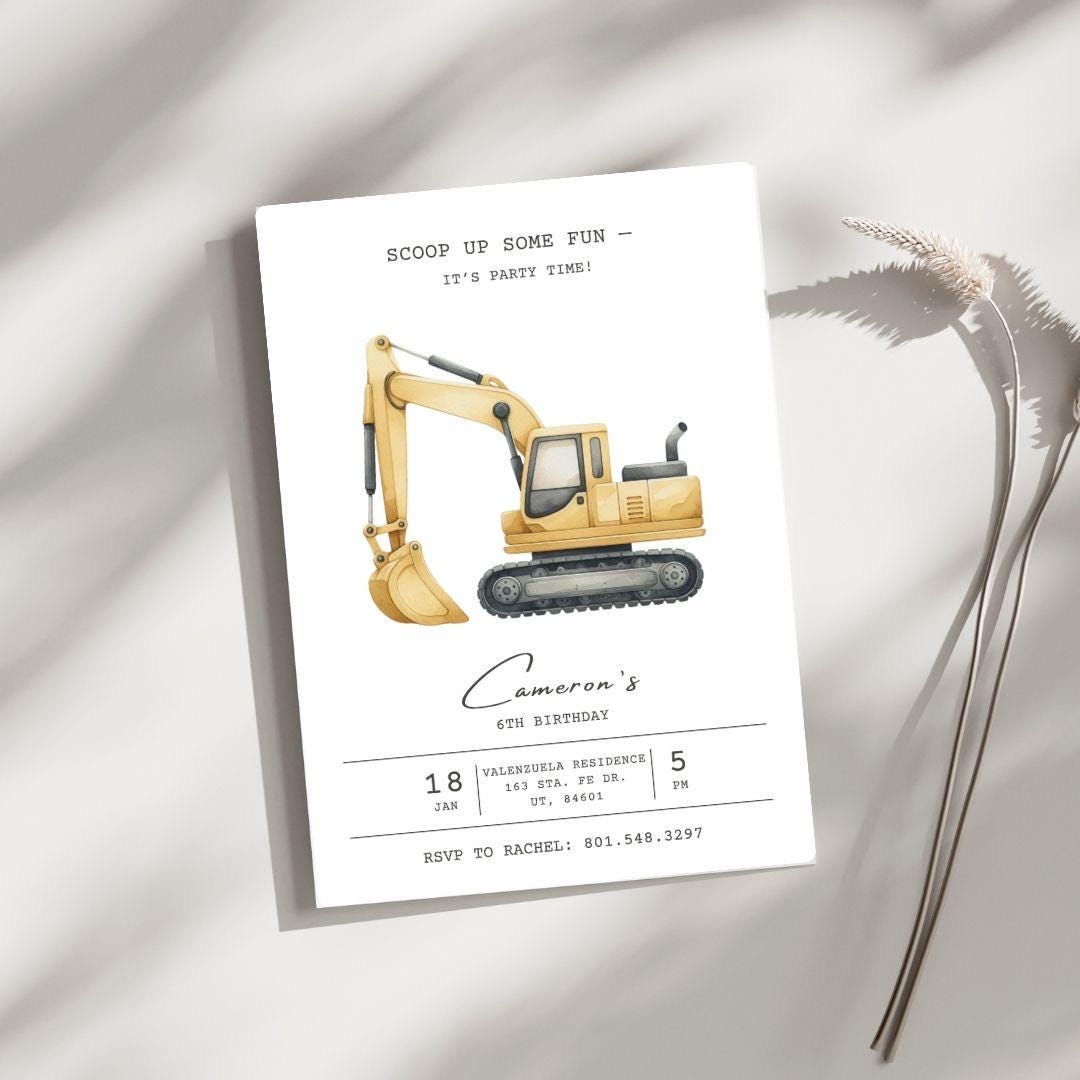 Minimalist Yellow Excavator Birthday Invitation Digital Kids Invite for ...