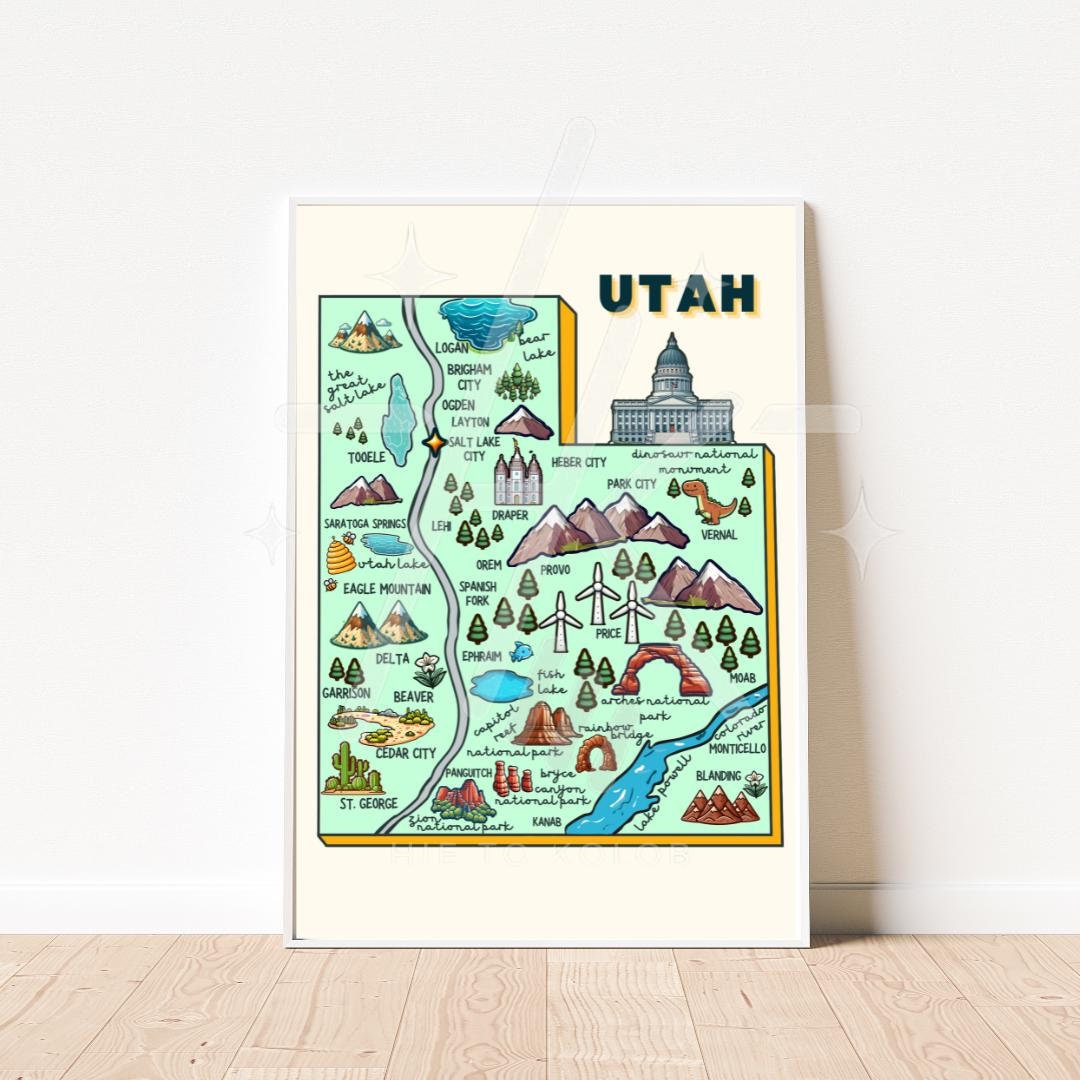 Utah State Map Cartoon Map of Utah, Utah Map Digital Print, Utah ...