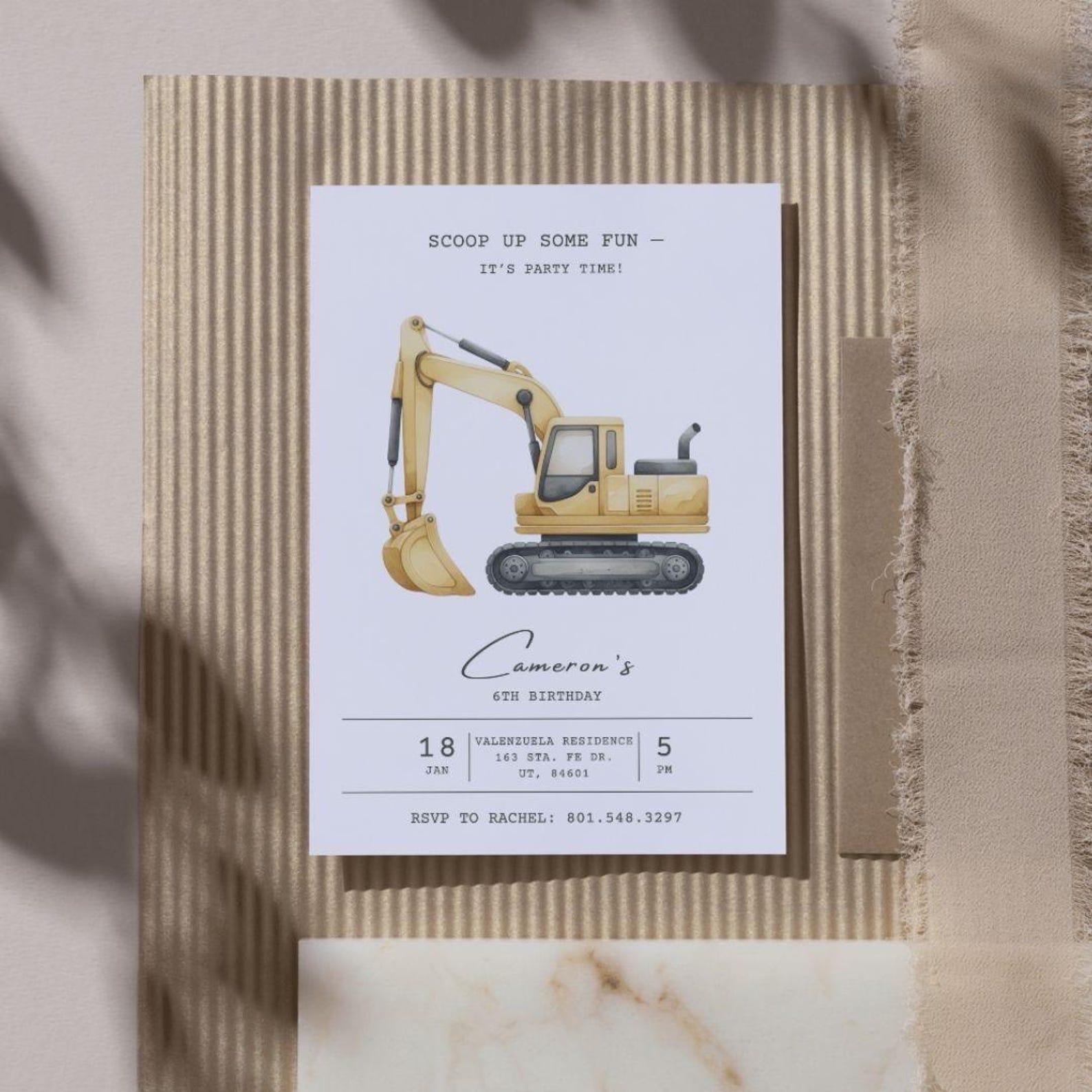 Minimalist Yellow Excavator Birthday Invitation Digital Kids Invite for ...