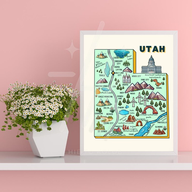 Utah State Map Cartoon Map of Utah, Utah Map Digital Print, Utah ...