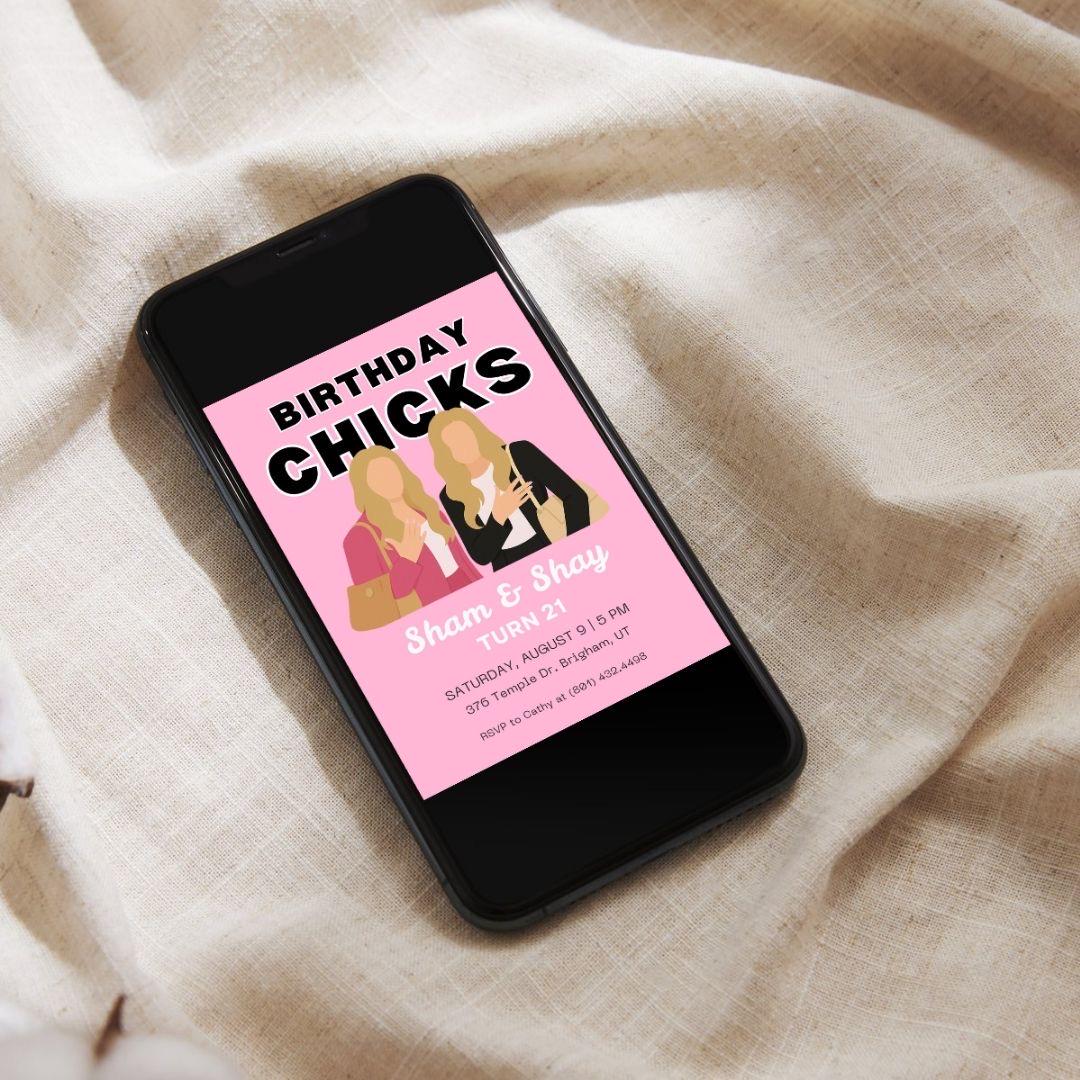 White Chicks Birthday Invite | Birthday Invite for Twins, Glam Pink ...