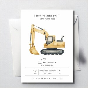 Minimalist Yellow Excavator Birthday Invitation Digital Kids Invite for ...
