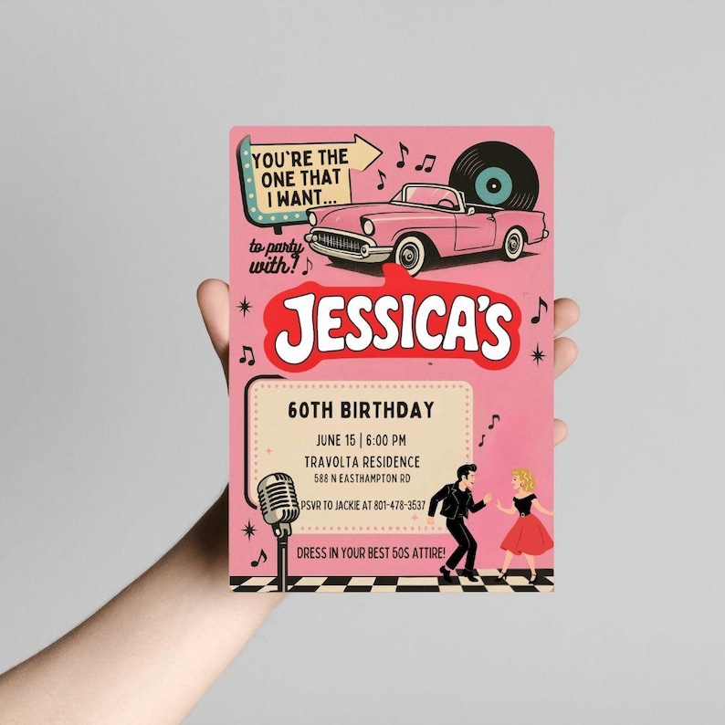 Grease Birthday Invitation | Retro Rock and Roll Party Invite, Grease ...