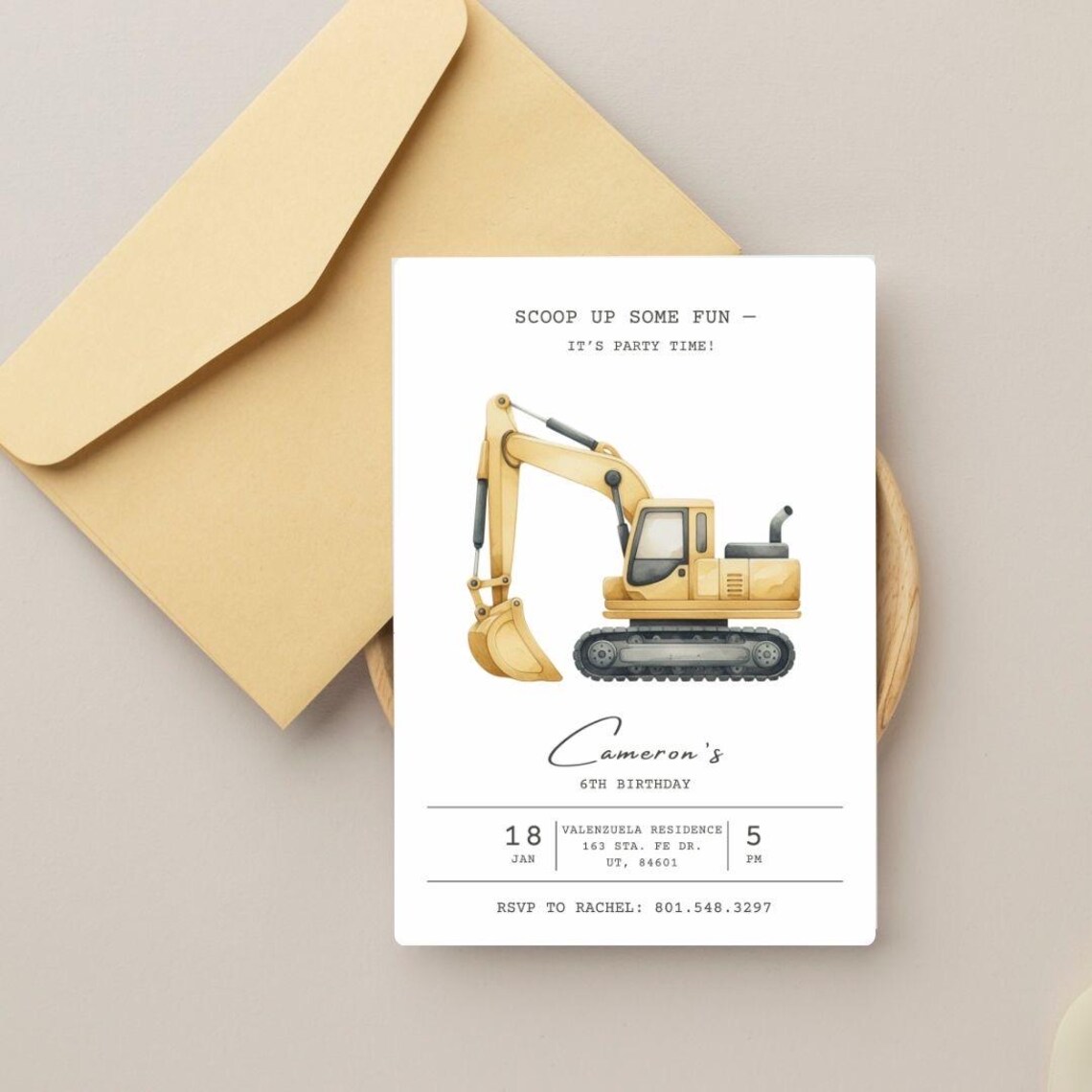 Minimalist Yellow Excavator Birthday Invitation Digital Kids Invite for ...