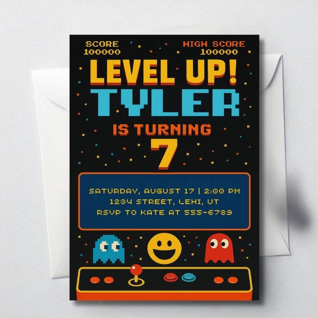 Retro Arcade High Score Birthday Invitation | Digital Video Game Party ...
