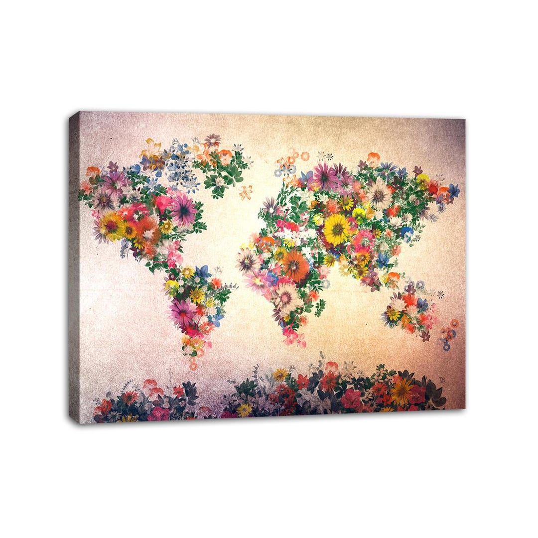 The World Map of Flowers Matte Canvas Stretched Framed Prints Living ...