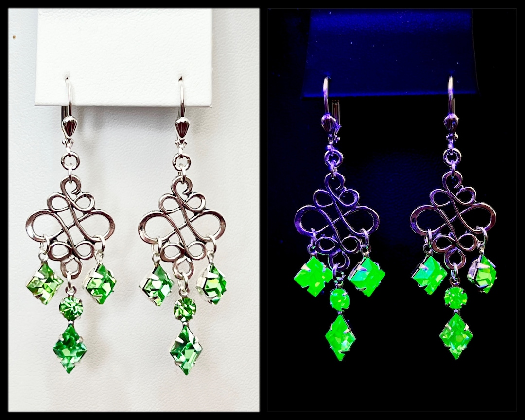 Vintage Uranium Glass Rhinestones Set in Swirly Flourish Earrings ...
