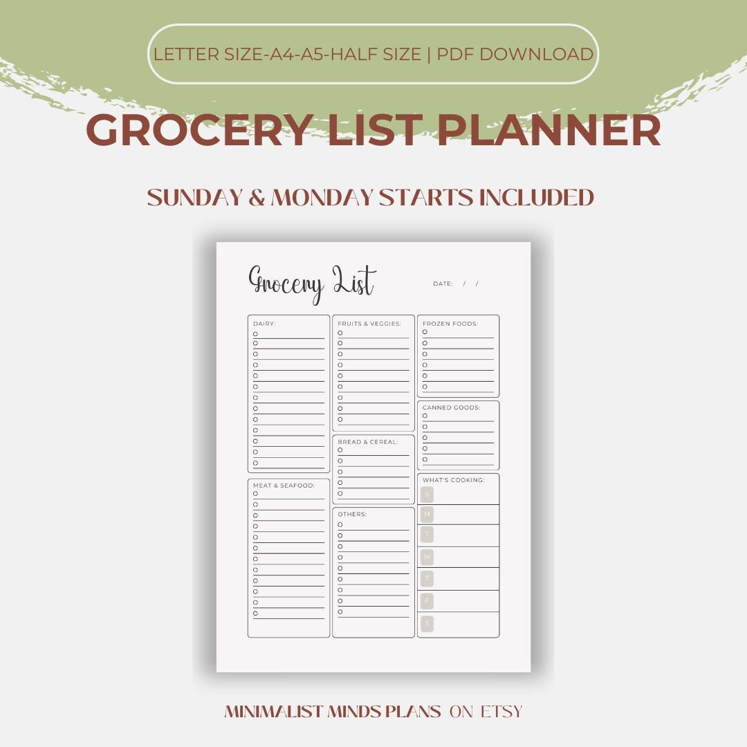 Grocery List Printable, Shopping List, Mean Planning Template, A5/a4 ...