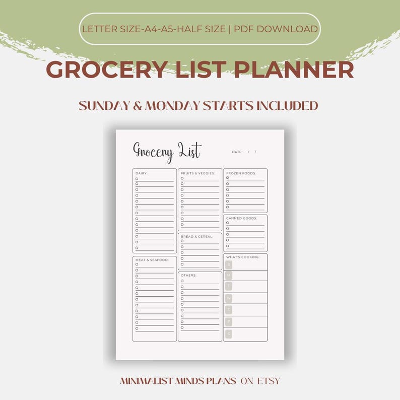 Grocery List Printable, Shopping List, Mean Planning Template, A5/a4 ...