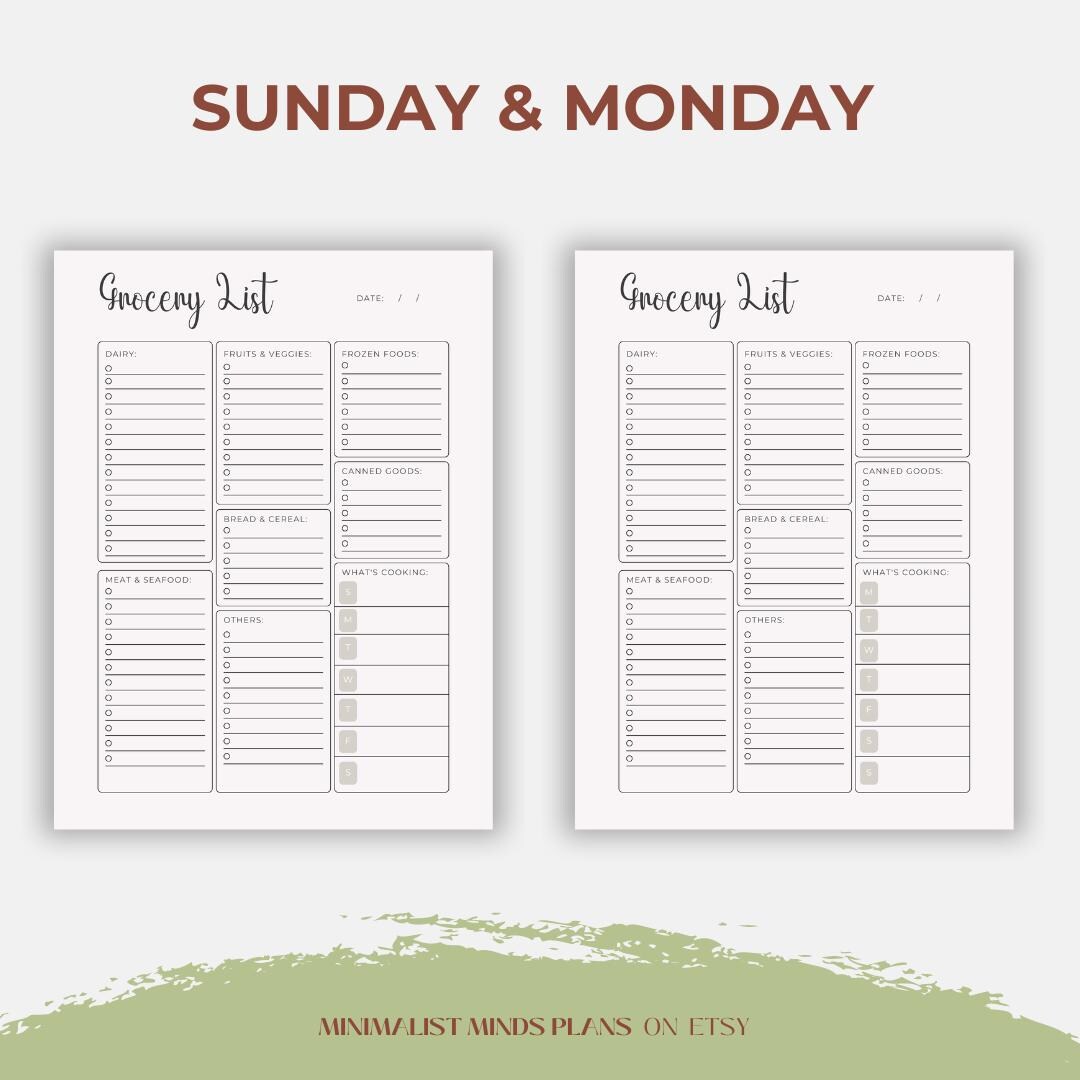 Grocery List Printable, Shopping List, Mean Planning Template, A5/a4 ...