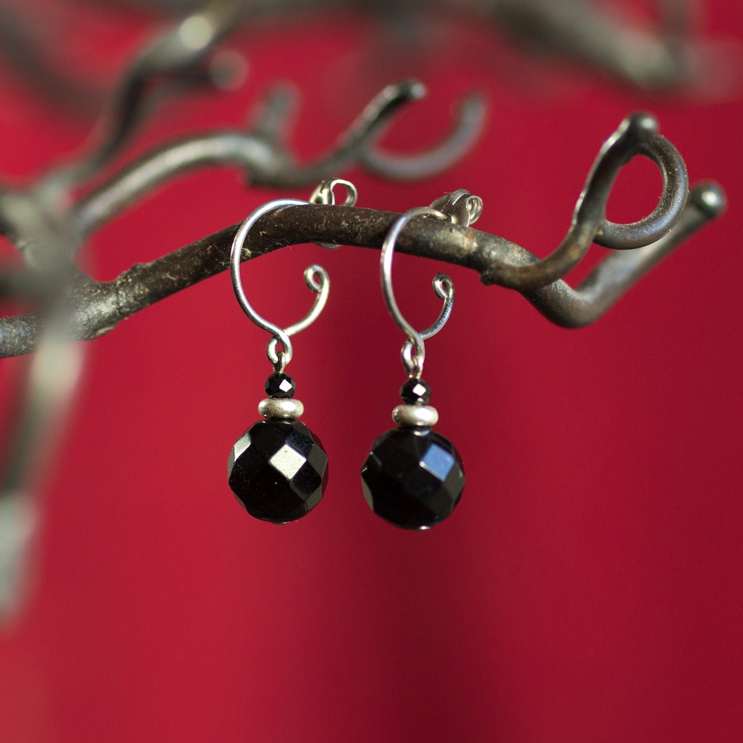 Small Titanium Drop Earrings With Faceted Black Onyx Beads - Pure ...