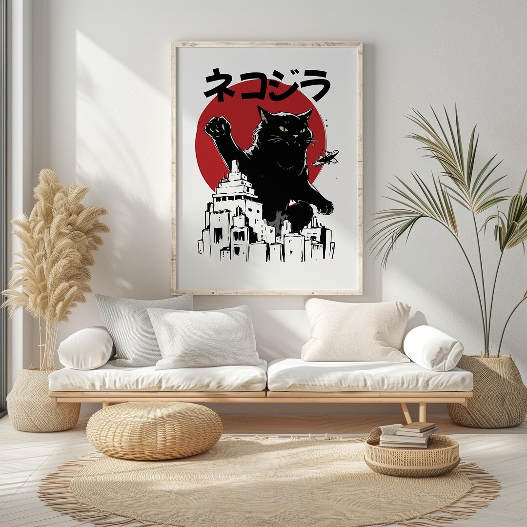 Catzilla Kaiju Poster Japanese Cat Art Print Gift Pop Culture City Art ...