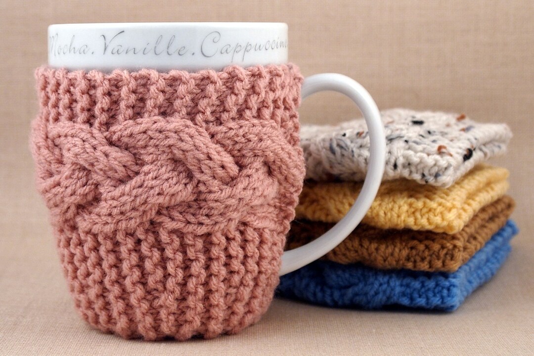 Hand Knit Coffee Mug Cozy Coaster in Rose Pink - Etsy