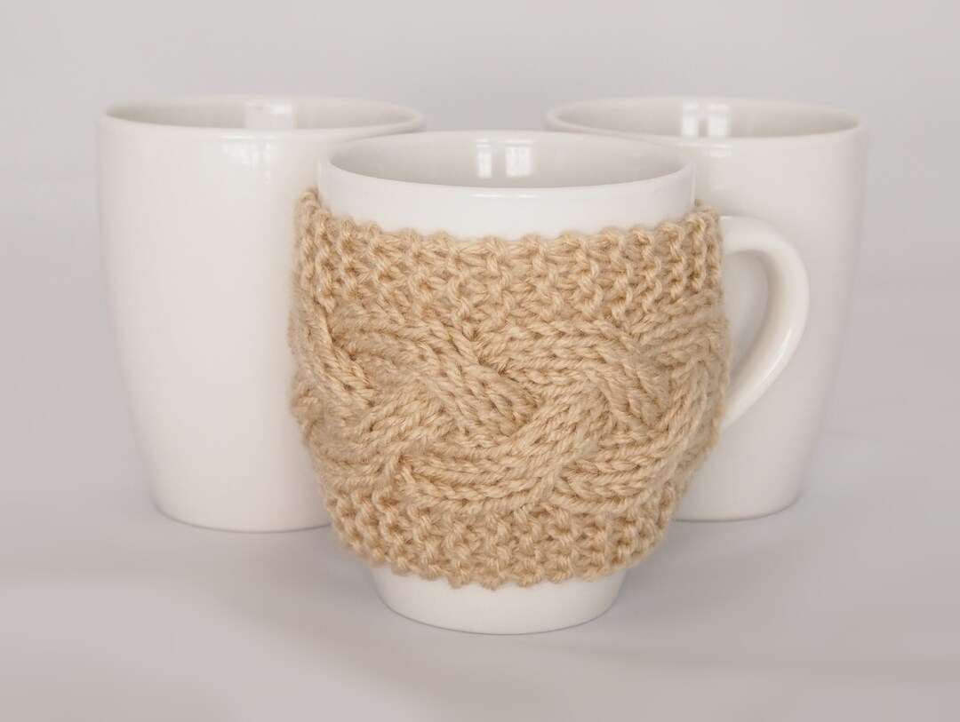 Hand Knit Coffee Mug Cozy Cable Stitch in Desert Sand - Etsy