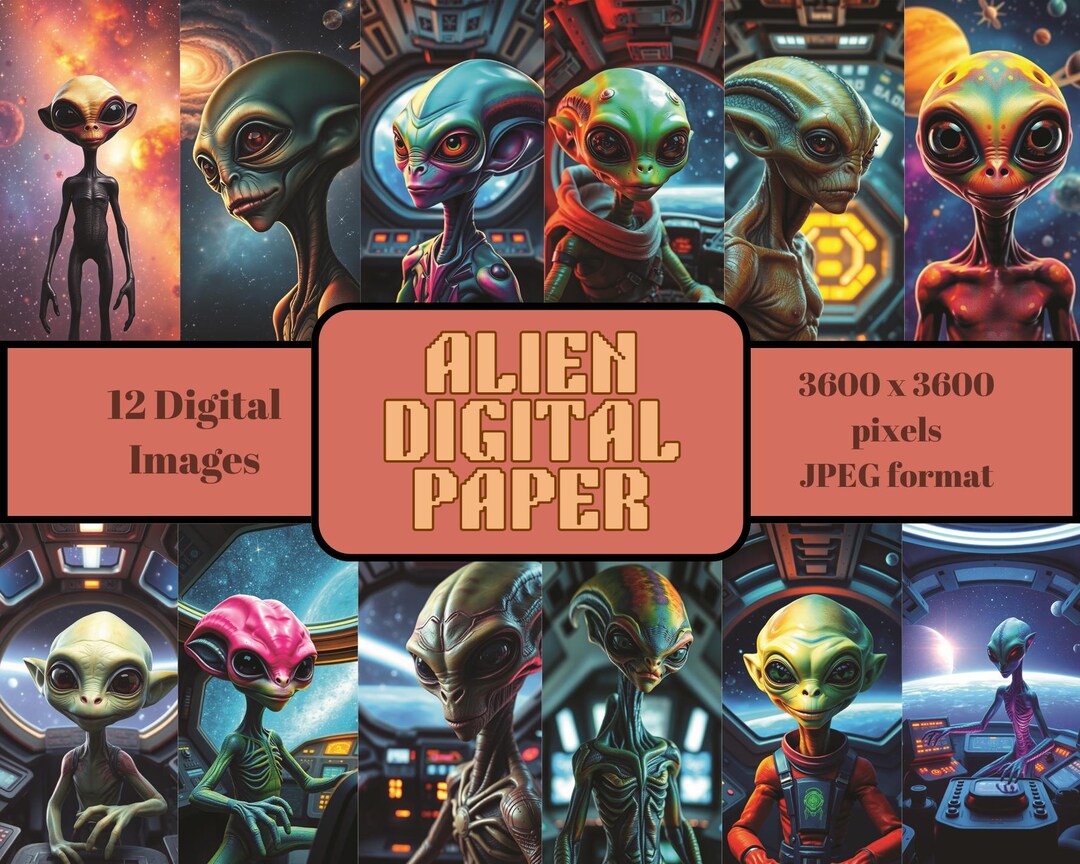 Alien Digital Paper, Aliens Digital Art, UFO, Printable Digital Paper ...
