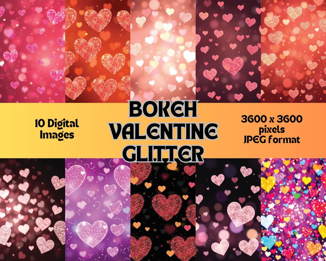 Bokeh Valentine Glitter Digital Paper, Bokeh Hearts Backgrounds ...