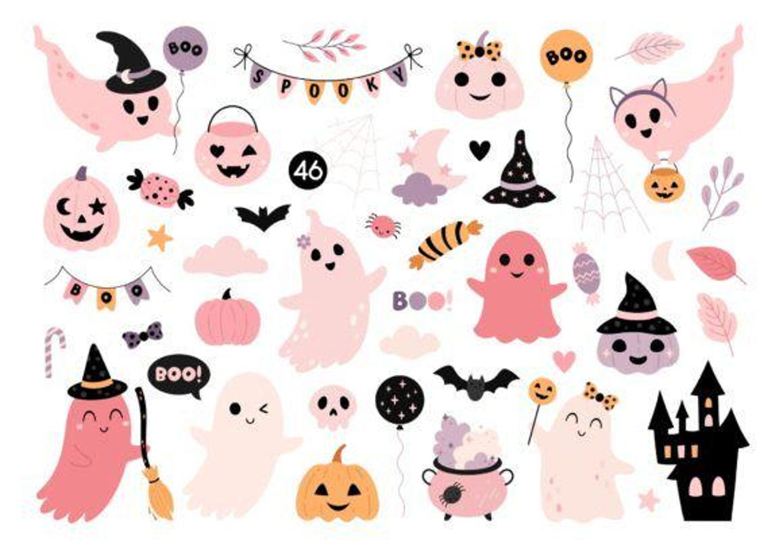 Pink Halloween Clipart Set Cute Ghost, Pumpkin, Candy, Spider & Web ...