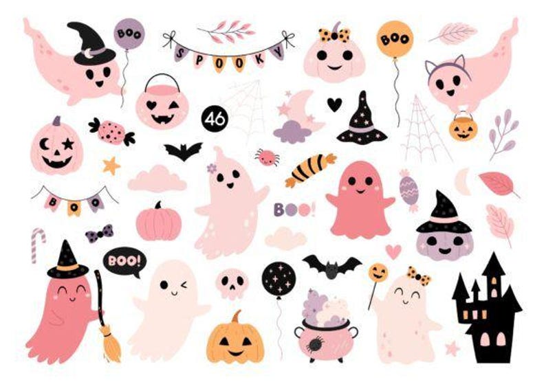Pink Halloween Clipart Set Cute Ghost, Pumpkin, Candy, Spider & Web ...