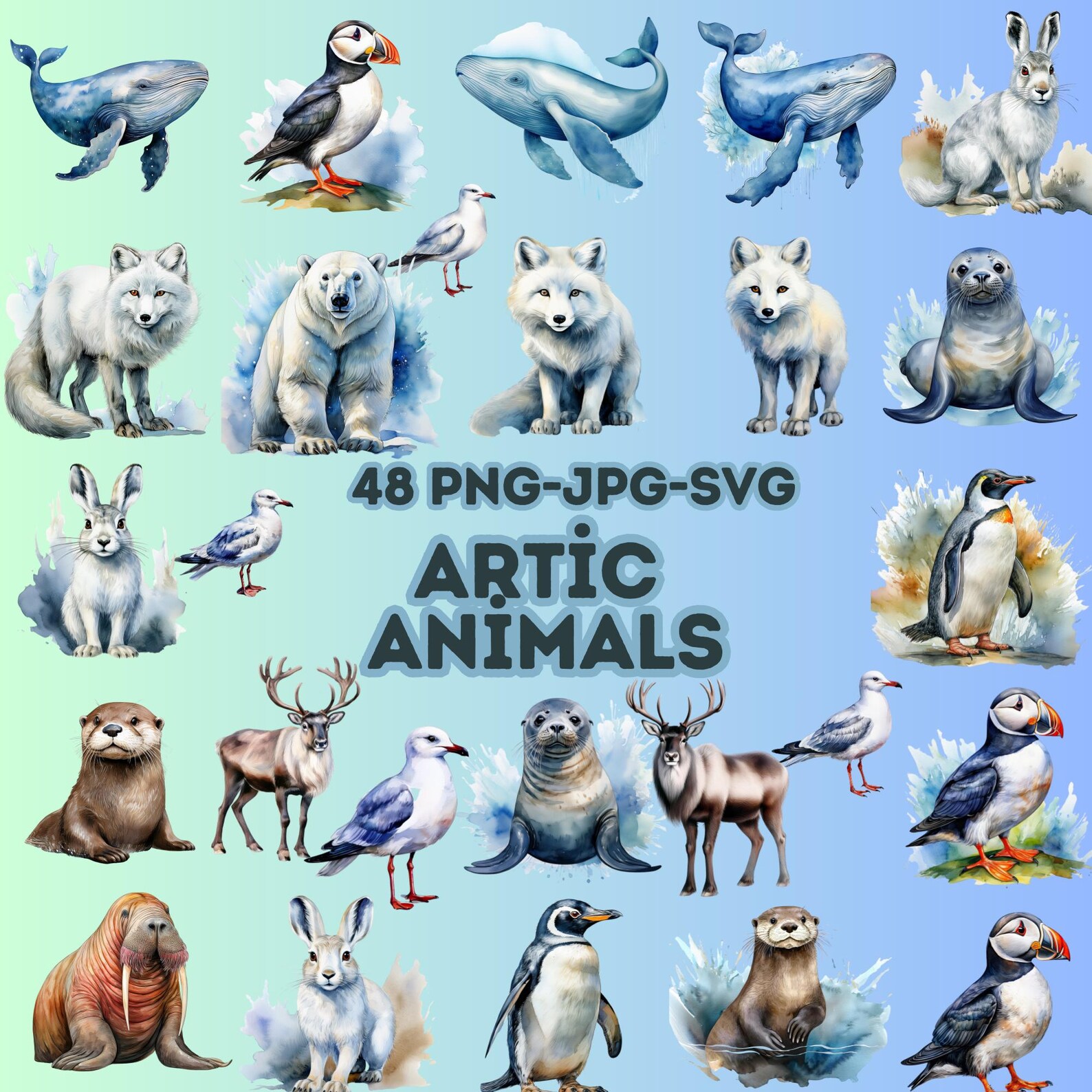 48 Arctic Animals Watercolor Clipart, Winter Animals PNG, Polar Animal ...