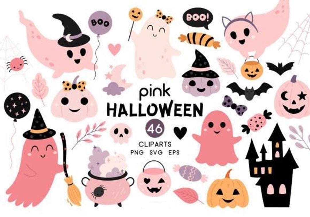 Pink Halloween Clipart Set Cute Ghost, Pumpkin, Candy, Spider & Web ...