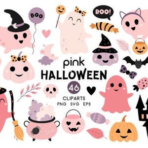 Pink Halloween Clipart Set Cute Ghost, Pumpkin, Candy, Spider & Web ...