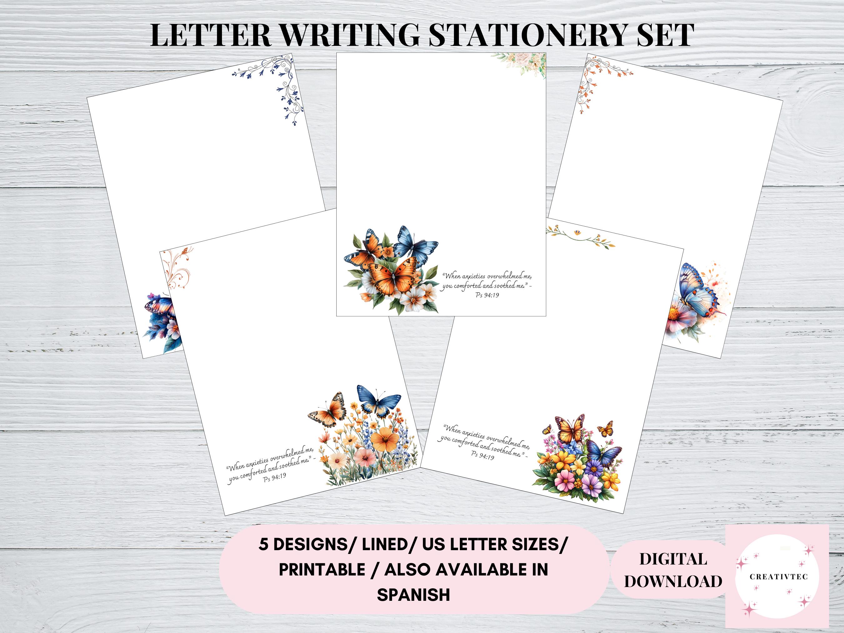 Printable Butterfly Stationery Set With Bible Verses in Spanish and English, Letter Writing ...