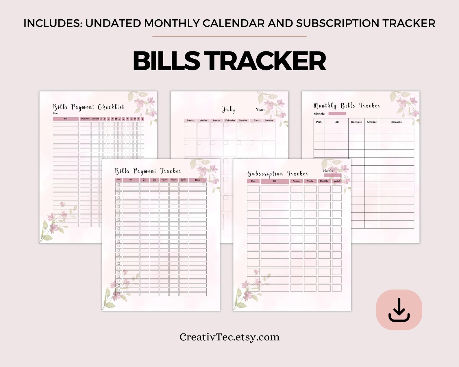 Monthly Bill Tracker and Subscription Tracker Printable Instant ...