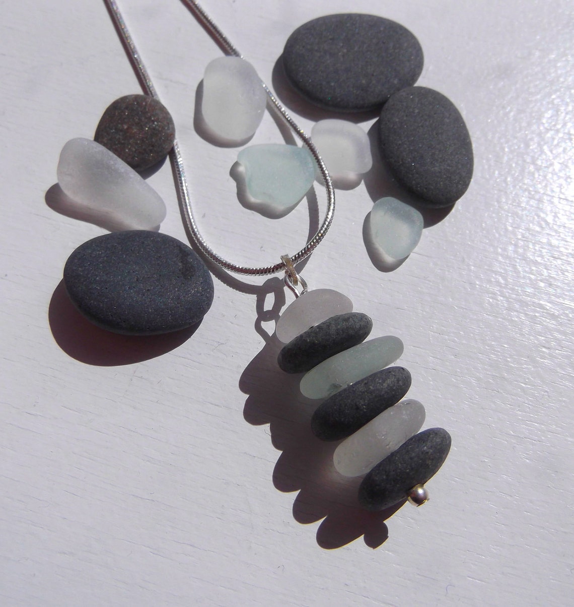 FUNKY Stacked Lake Superior Basalt Zen Stone and Beach Glass Necklace ...