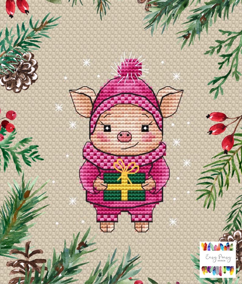 Christmas Pig Cross Stitch Pattern: Holiday Embroidery (PDF + Saga File ...