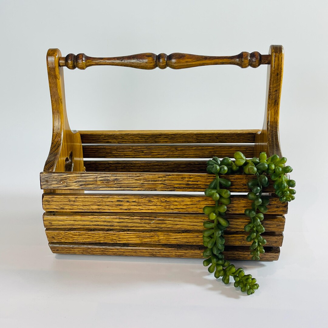 Vintage Wood Heart Cut-out Basket, 1980's Wood Slat Basket, Oak Wood ...