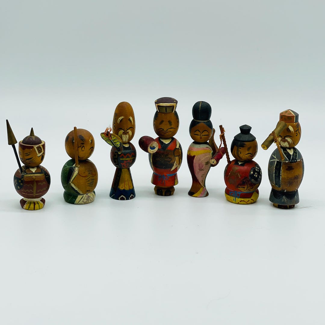 Vintage Japanese Seven Lucky Gods Kokeshi Wood Figurine Made in Japan ...