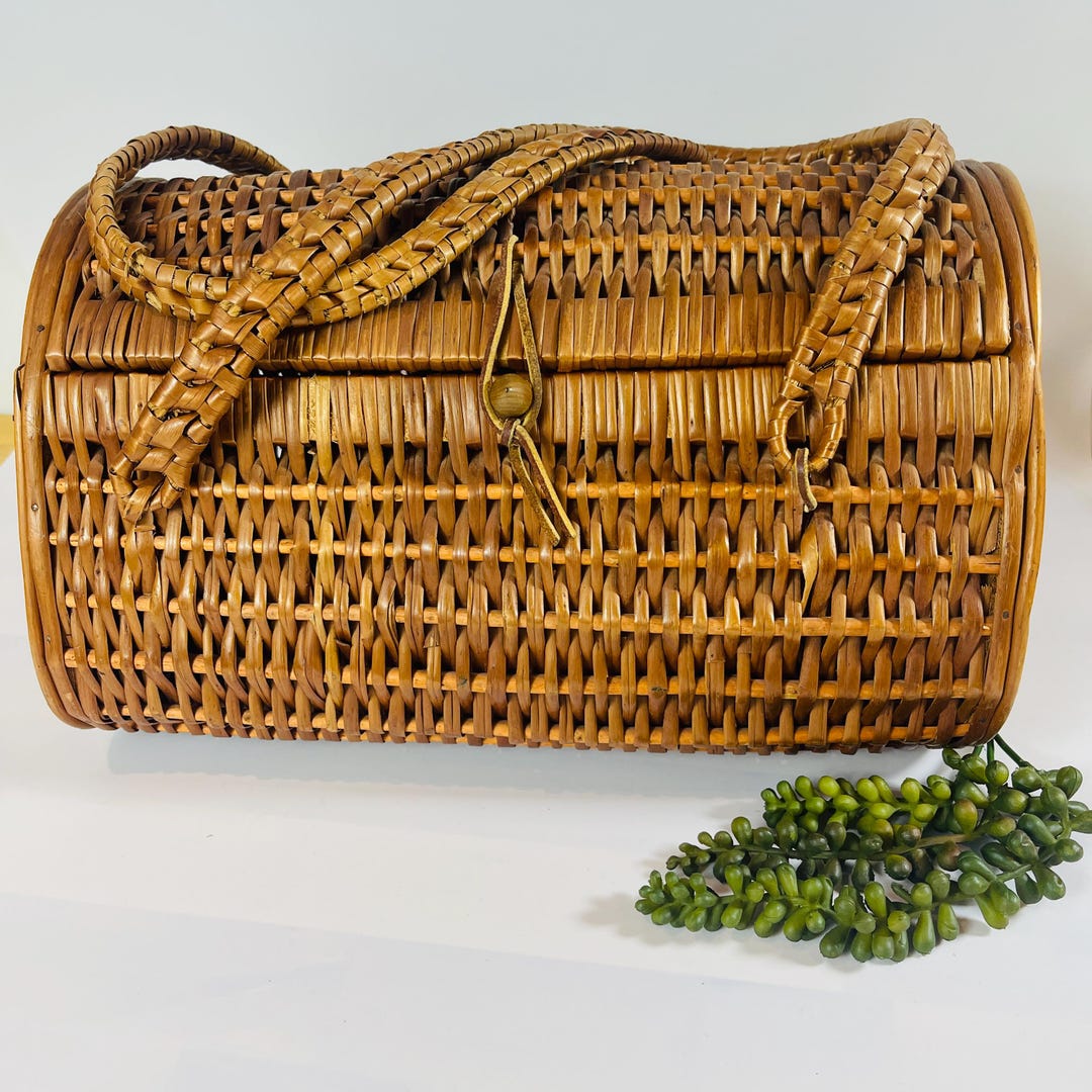 Vintage Wicker Purse, Wood & Wicker Barrel Purse, Summer Wicker ...