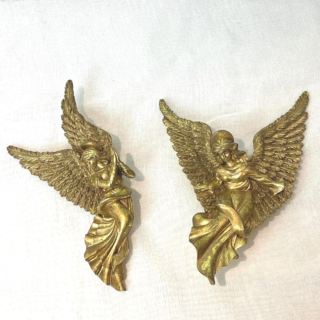 Vintage Pair of Divine Angels Wall Decor, Shimmering Gold Resin Angel ...