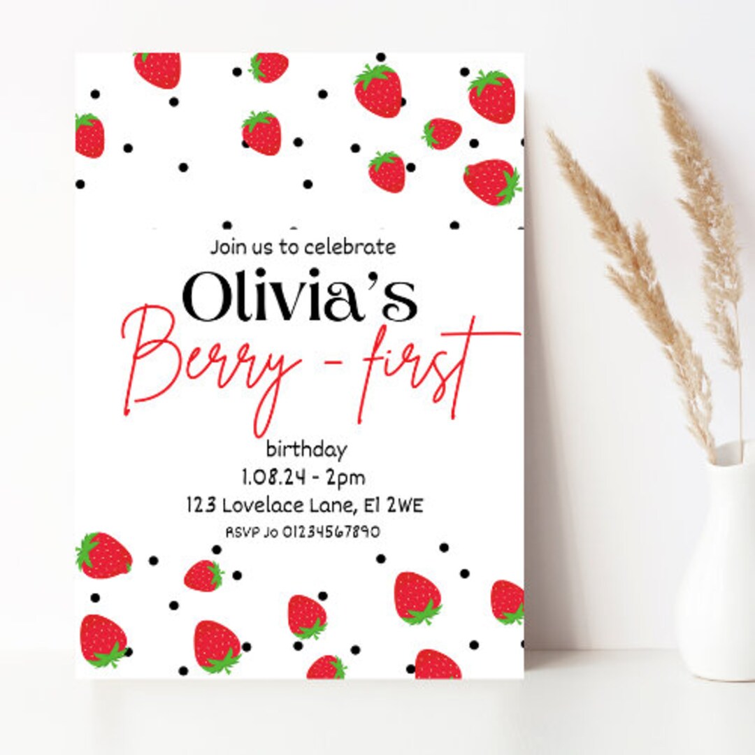 Berry First Strawberry 1st Birthday Invitation Template, Editable to ...