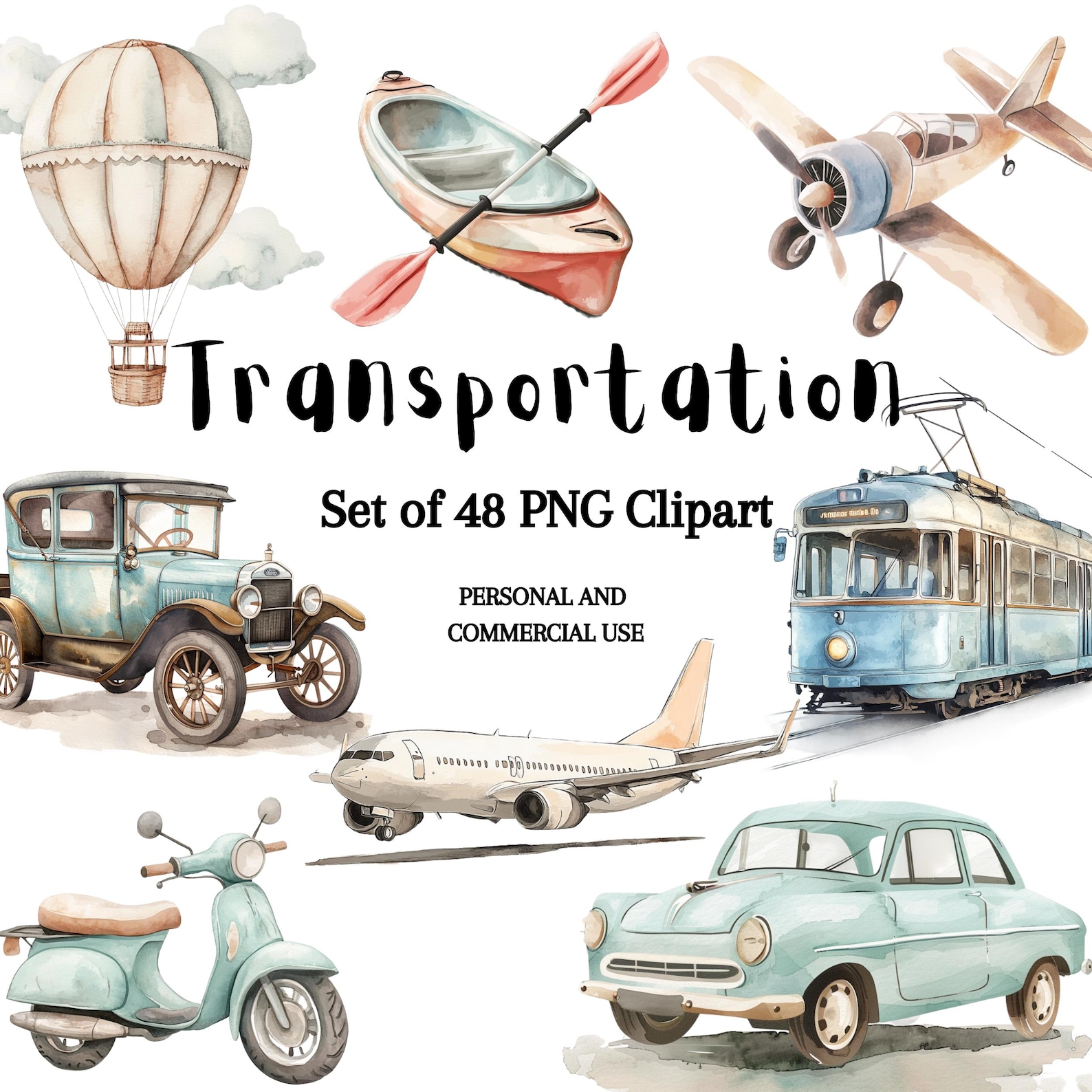 Watercolor Transportation Clipart Bundle, Vehicle PNG Images (PNG ...