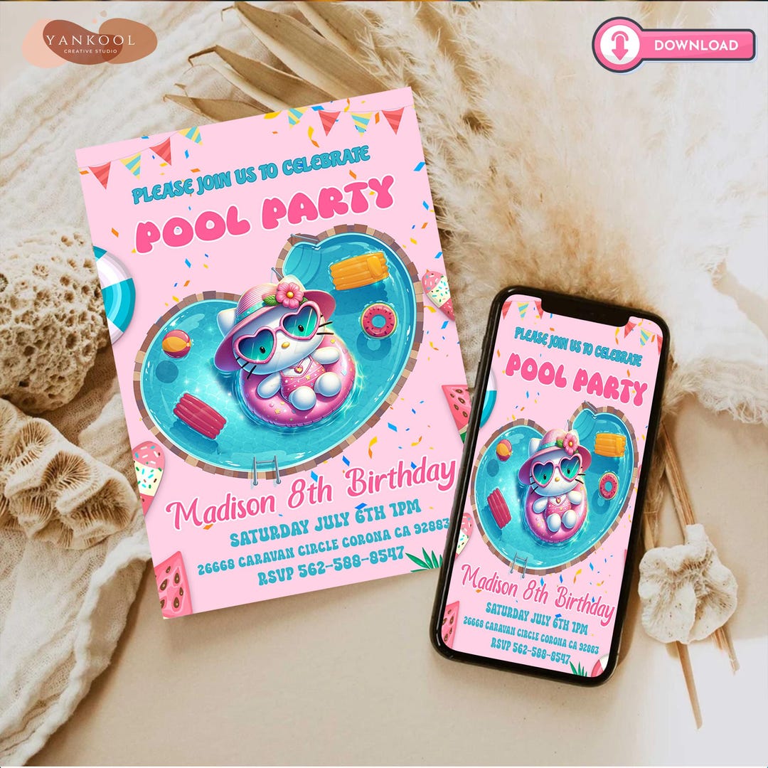 Invitación imprimible Kitty Pool Party Pink, invitación a Splash de ...