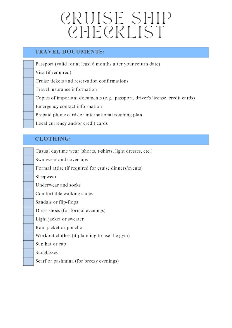 EDITABLE 3 Page Cruise Ship Checklist, Checklist for Cruise Trip ...