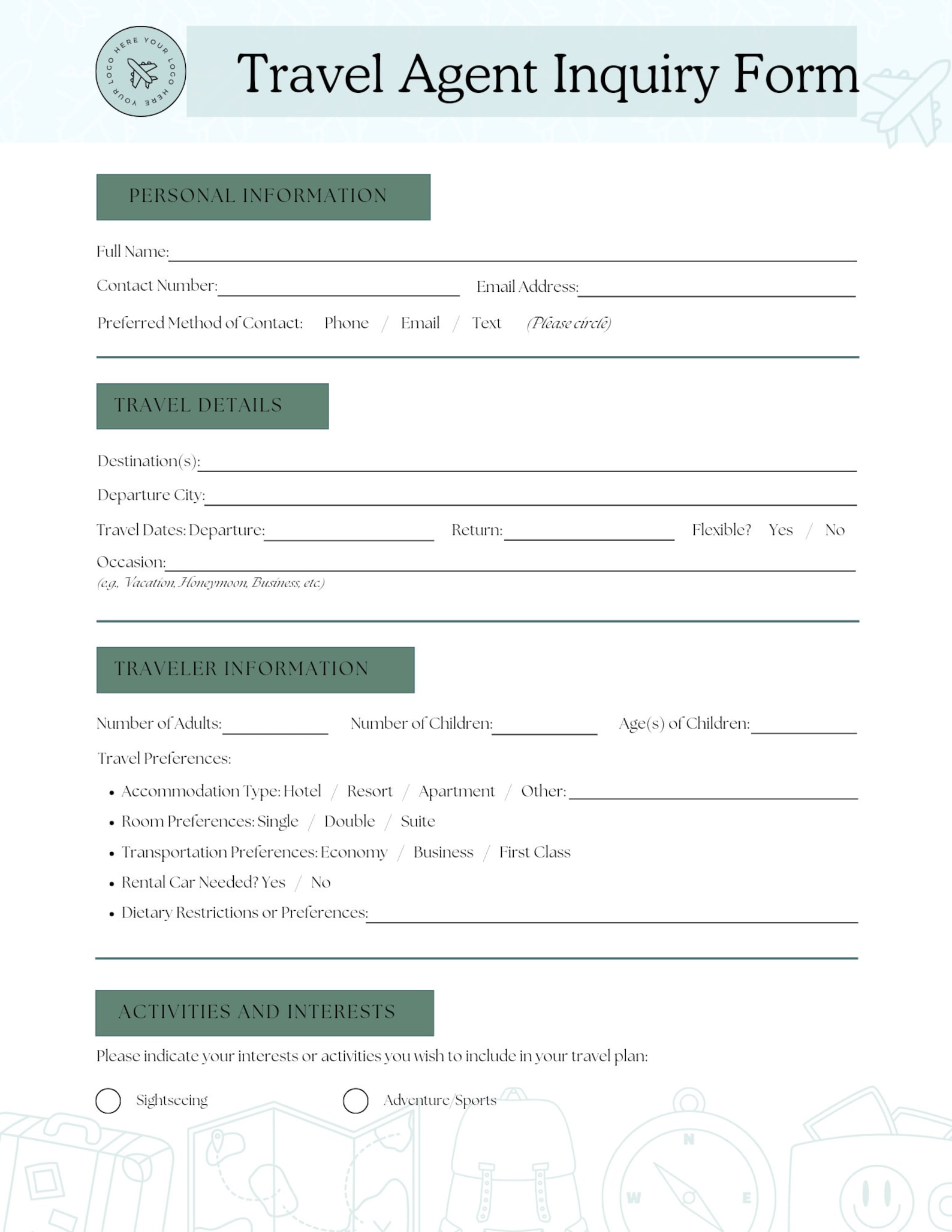 EDITABLE Printable Travel Inquiry Form, Travel Template, Editable Form ...
