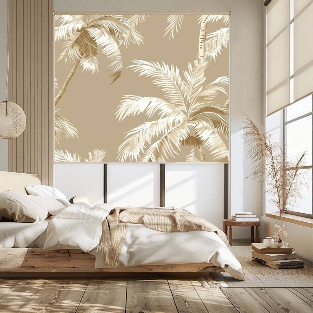 Customizable Bedroom Roller Blinds, Custom Beige and White Tropical ...