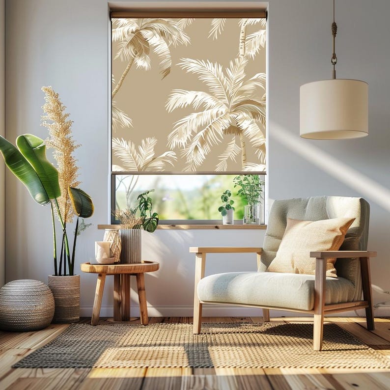 Customizable Bedroom Roller Blinds, Custom Beige and White Tropical ...