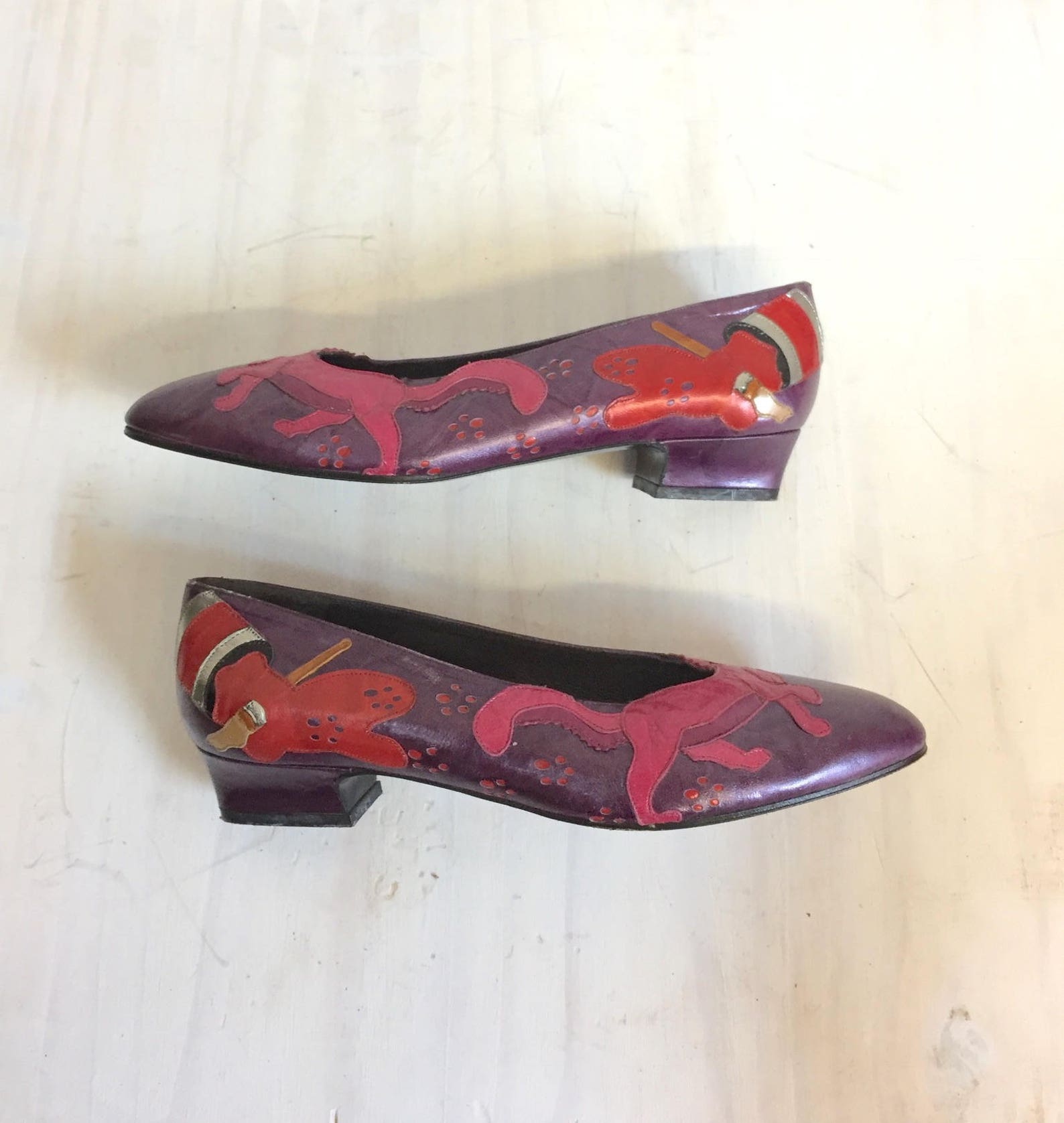 Vintage 80’s Margaret Jerrold Leather Cat Print Kitten Heels / Novelty ...