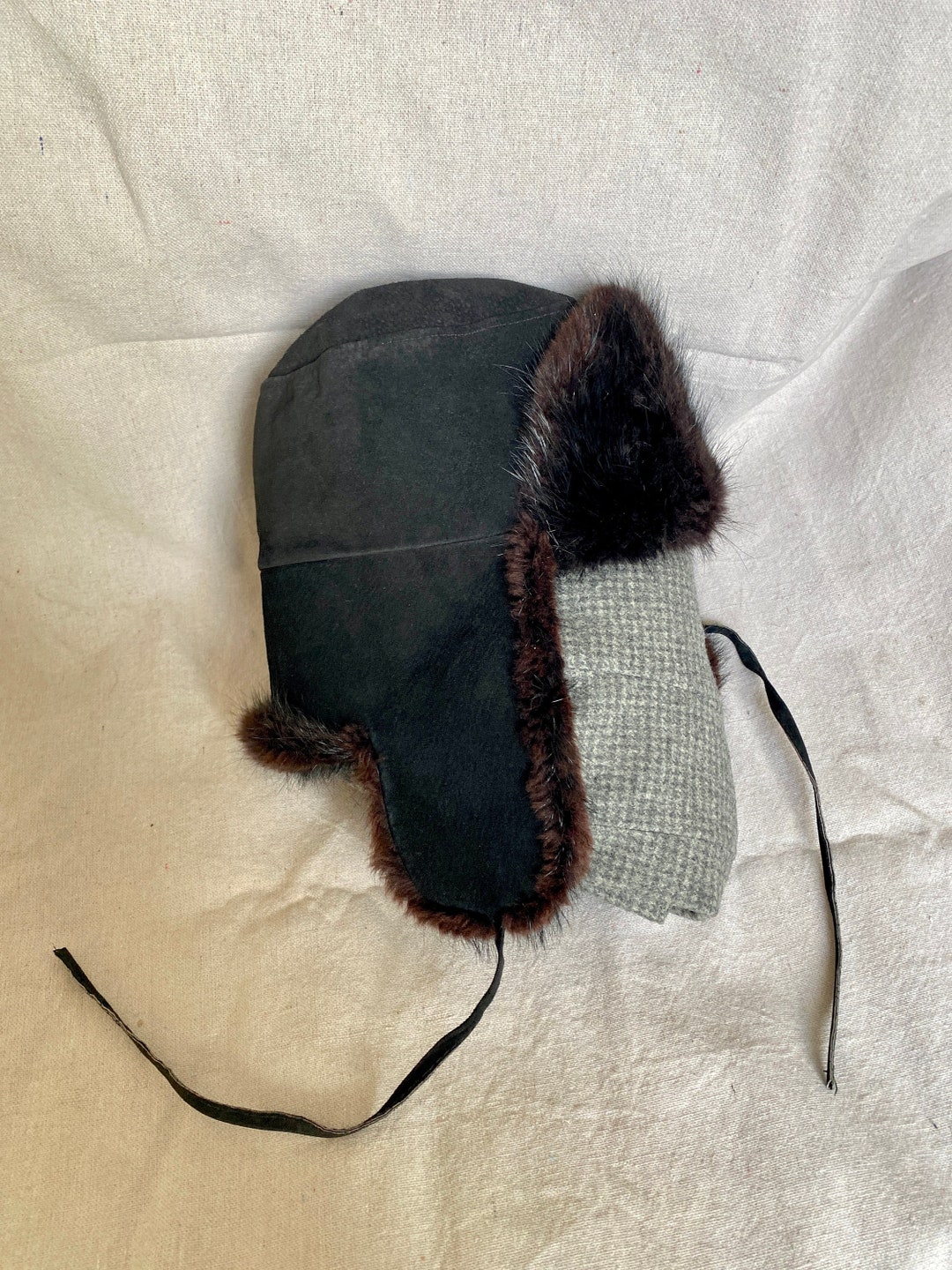 Vintage Fur Trapper Cap / Black Suede and Fur Ear Flap Hat / Winter Hat ...