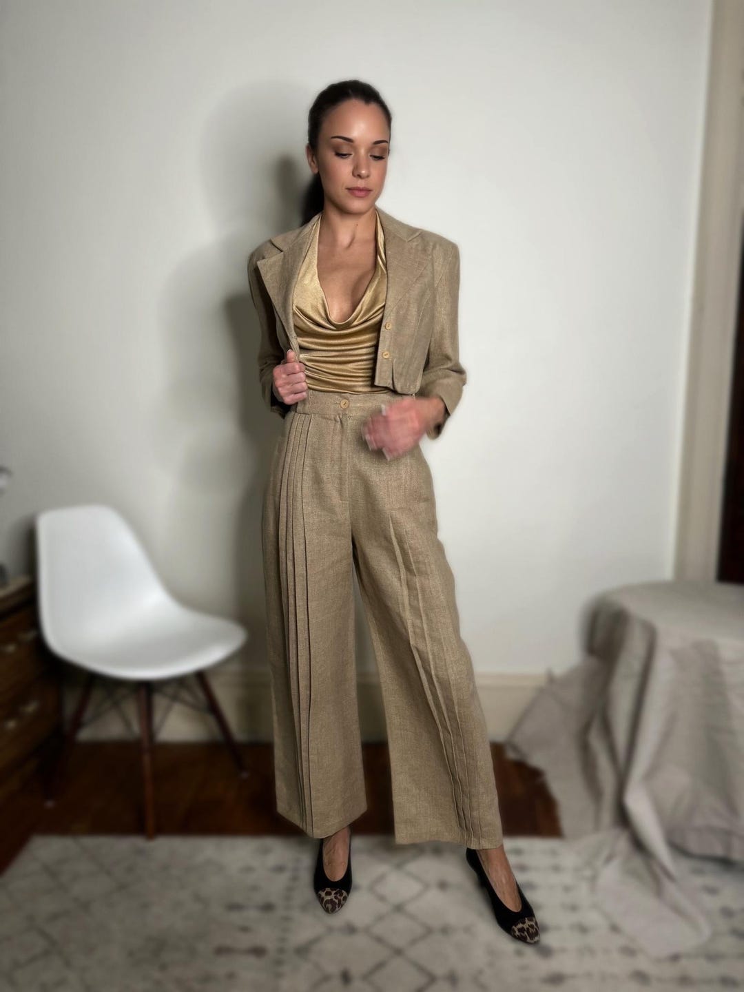 Vintage Gordon Henderson Womens Suit / Taupe Linen Pants Suit / Wide ...