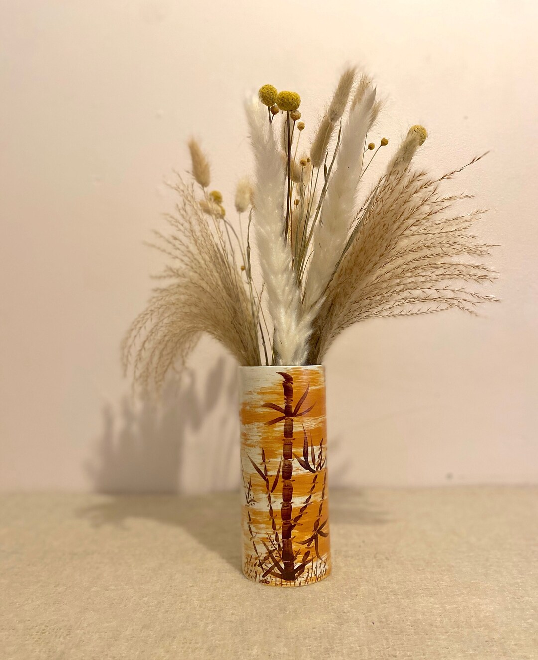 Vintage 70s Cylinder Vase / 1970 Decor Bamboo Hand Painted Ceramic Vase ...
