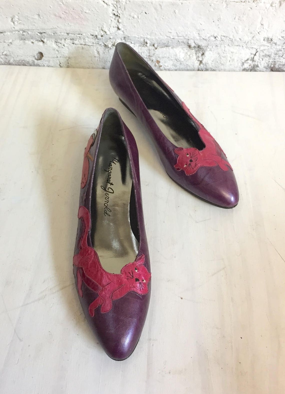 Vintage 80’s Margaret Jerrold Leather Cat Print Kitten Heels / Novelty ...