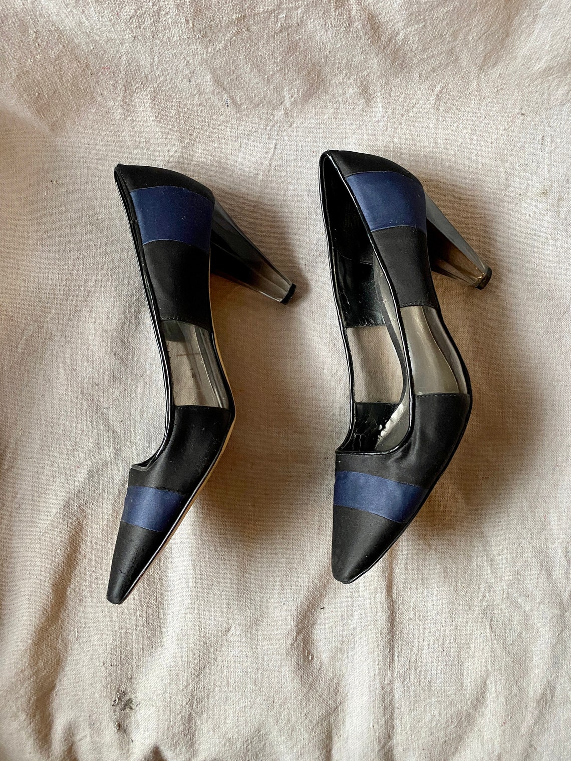 Vintage Abaete Satin and Lucite Pumps / Y2k Formal Black and Navy Pumps ...