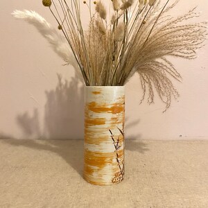 Vintage 70s Cylinder Vase / 1970 Decor Bamboo Hand Painted Ceramic Vase ...